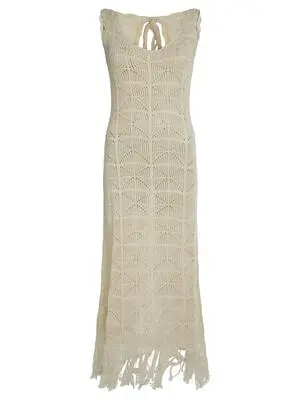 Rodebjer Crochet Sweater Dress With Lace-up Back And Frayed Hem - Panna