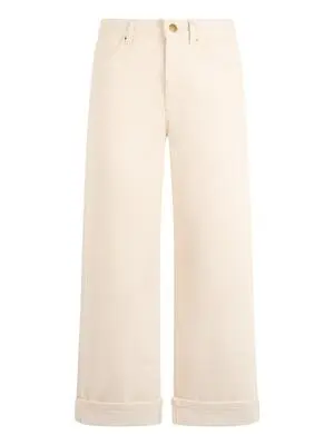 Moncler Cotton Twill Wide Leg Pants With Cuffed Hem - Ivory