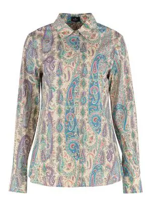 Etro Stretch Cotton Shirt With Leafy Paisley Motif - Multicolor