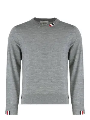 Thom Browne Virgin Wool Crew Neck Sweater With Signature Stripes - Grey