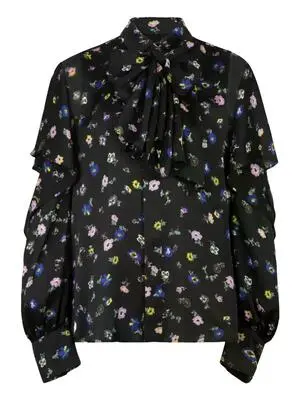 Sacai Floral-print Blouse With Ruffle Trim - Black