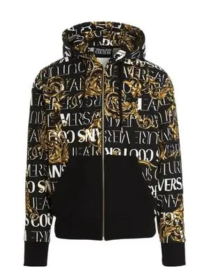 Versace Baroque And Logo Printed Zip-up Hoodie - Black