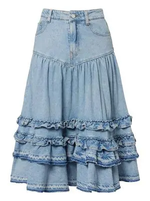 GANNI Ruffled Denim Midi Skirt - Blue