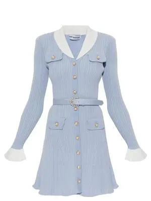SELF-PORTRAIT Ribbed Knit Dress With Pearl Button Details And Contrast Collar - Blue