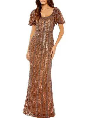 Mac Duggal Scoop Neck Flutter Sleeve Embellished Gown - Copper