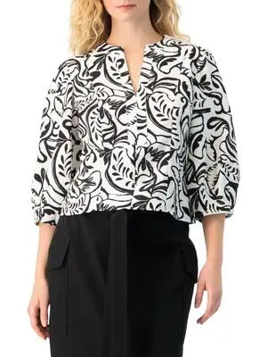 IVONNE Graphic Brushstroke Floral V-neck Blouse - White