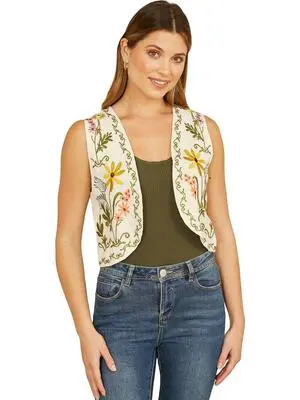 YUMI Floral Embroidered Cotton Waistcoat - Multi