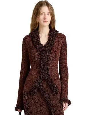 Proenza Schouler Nilo Textured Jacquard V-neck Top With Fringe Embroidery - Black/copper