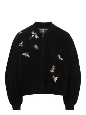 Balmain Embroidered Velvet Insect Bomber Jacket - Black