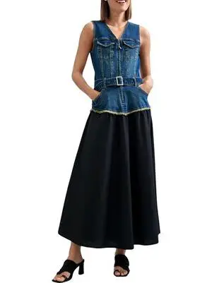 Desigual Denim Vest Midi Dress With Belt - Medium Blue