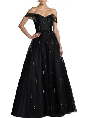 Mac Duggal Pearl Embellished Off-the-shoulder Ball Gown - Black