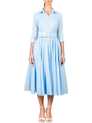 Samantha Sung Samantha Sung Belted Midi Shirtdress Solid Soft Blue