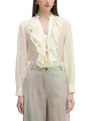HAVEONE Cream White Ruffled Front-tie V-neck Blouse - Neutrals