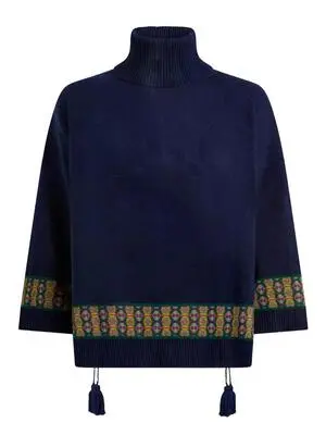 Etro Wool-blend Kimono Sweater With Tassels And Geometric Motif - Blue