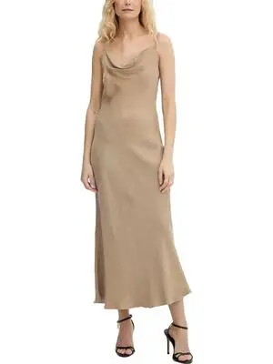 Guess Beige Satin Cowl Neck Midi Dress - Neutrals