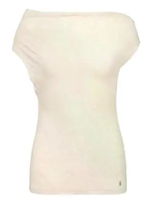 GLOWNY Draped Asymmetric Neckline Top With Logo Plaque - Neutrals