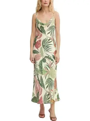 Guess Leaf-print Cowl Neck Midi Dress - Neutrals