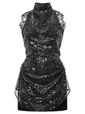 ANOUKI Sequin-embellished Lace-trim Mini Dress - Black