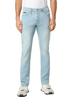Philipp Plein Slim Fit Skinny Jeans In Cotton With Metal Logo - Blue