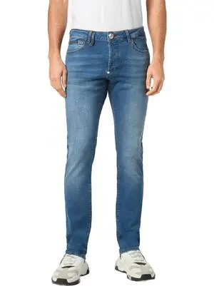 Philipp Plein Slim Fit Skinny Jeans In Cotton With Metal Logo - Denim