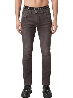 Philipp Plein Slim Fit Skinny Jeans In Cotton With Metal Logo - Grey