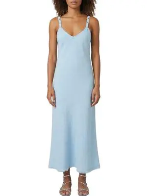 Pinko Long Linen Blend Slip Dress With Stud Embellishments - Blue