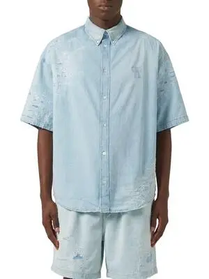 Acne Studios Relaxed Fit Bowling Shirt In Distressed Organic Cotton Blue