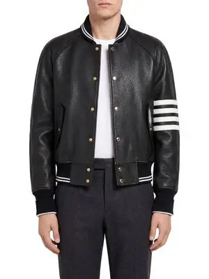 Thom Browne 4-bar Cotton Bomber Jacket With Leather Details - Black