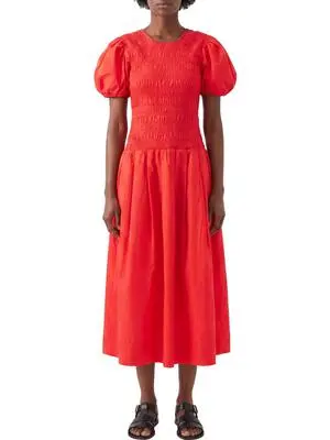 GANNI Puff Sleeve Organic Cotton Midi Dress - Red
