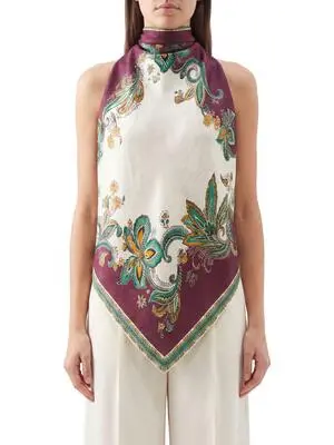 ALEMAIS Silk-blend Ethnic Print Scarf Neck Top - Multicolor