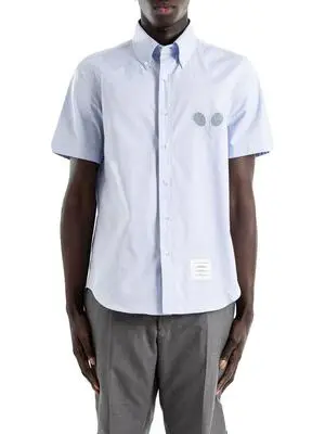 Thom Browne Short-sleeved Shirt In Cotton Poplin With A Button-down Collar - Gnawed Blue
