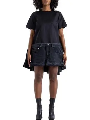 Sacai Flared Mini Dress In Denim And Silk With Asymmetrical Pleated Skirt - Black