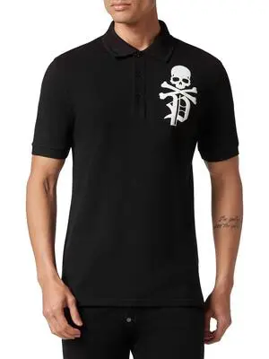 Philipp Plein Short-sleeve Cotton Polo Shirt With Skull Print And Logo - Black