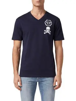 Philipp Plein V-neck Cotton T-shirt With Monogram Logo - Blue