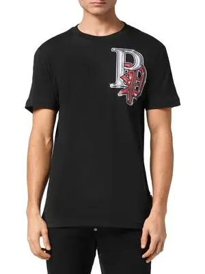 Philipp Plein Cotton T-shirt With Graphic Print And Contrast Back Logo - Black