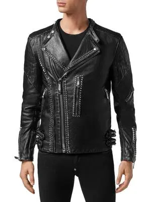 Philipp Plein Slim Fit Studded Calfskin Biker Jacket - Black