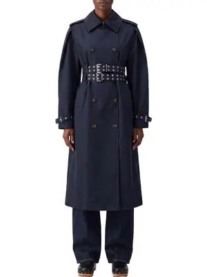 GANNI Long Double-breasted Studded Cotton Trench Coat - Black