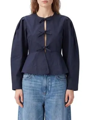 GANNI Ganni Cropped Cotton Jacket With Ruched Shoulders And Tie Fastening Black