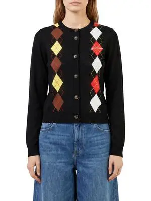GANNI Ganni Slim Fit Argyle Cotton Cardigan