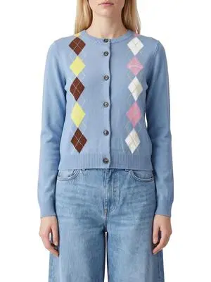 GANNI Slim Fit Argyle Cotton Cardigan - Gnawed Blue