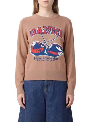 GANNI Contrast Jacquard Logo Cotton Crewneck Jumper - Camel