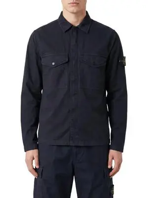 Stone Island Slim Fit Cotton Twill Shirt Jacket With Compass Logo - Navy
