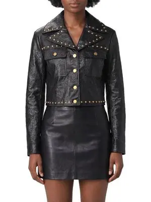 Michael Kors Cropped Studded Faux Leather Biker Jacket - Black