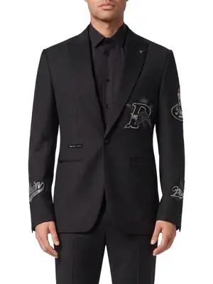 Philipp Plein Single-breasted Wool-blend Blazer With Peak Lapels And Logo Patch - Black