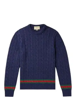 Gucci Cashmere Cable Knit Sweater With Striped Cuffs - Blue