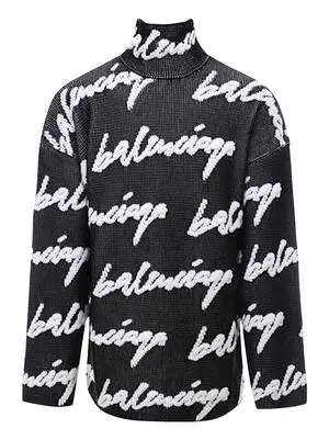 Balenciaga Scribble Logo Turtleneck Jersey Sweater - Black