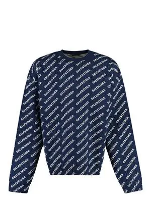 Balenciaga Allover Logo Jacquard Crewneck Sweater - Blue