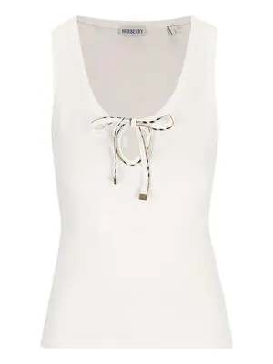 Burberry Ribbed Knit Scoop Neck Top With Front Tie Detail - Bianco