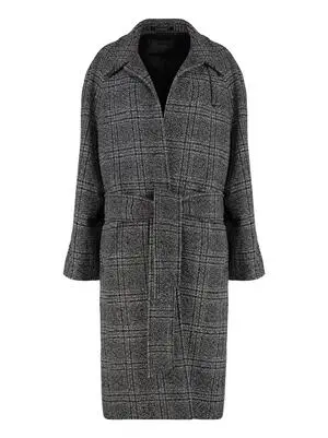 Balenciaga Belted Wool Check Long Coat - Grey