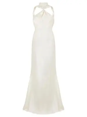 Attico Long Satin Halterneck Gown With Elegant Neckline - White